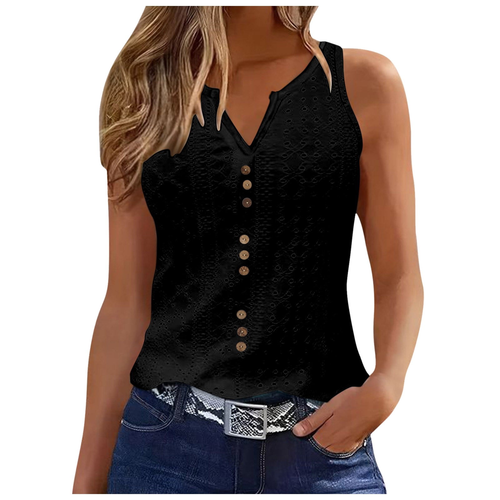 Hwmodou Womens Summer Sexy V Neck Sleeveless Solid Color Button Down