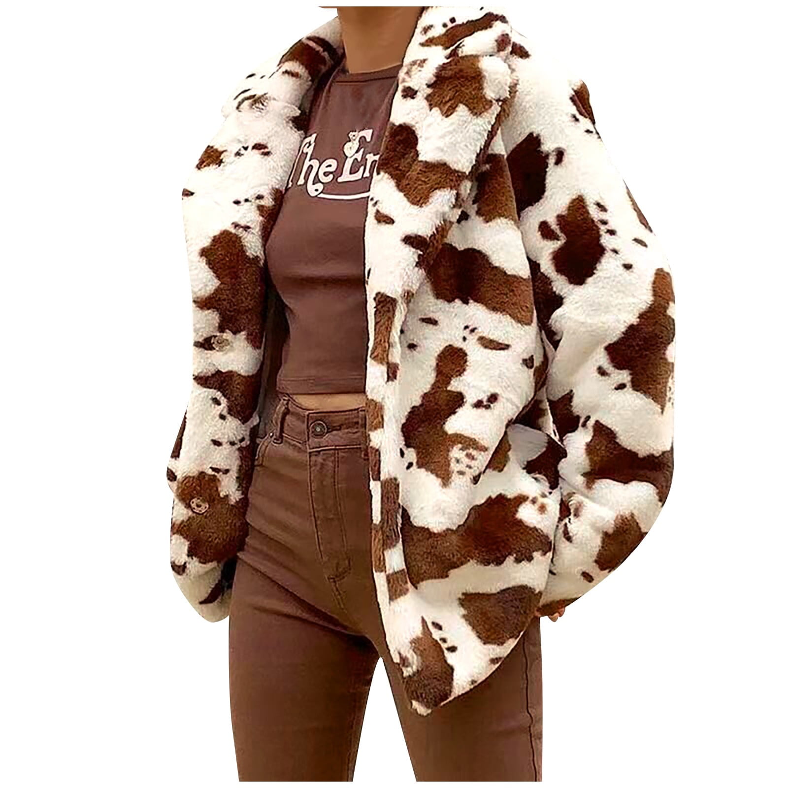 Hwmodou Women's Trench Coats Thickened Cow Print Jacket Lapels Long ...