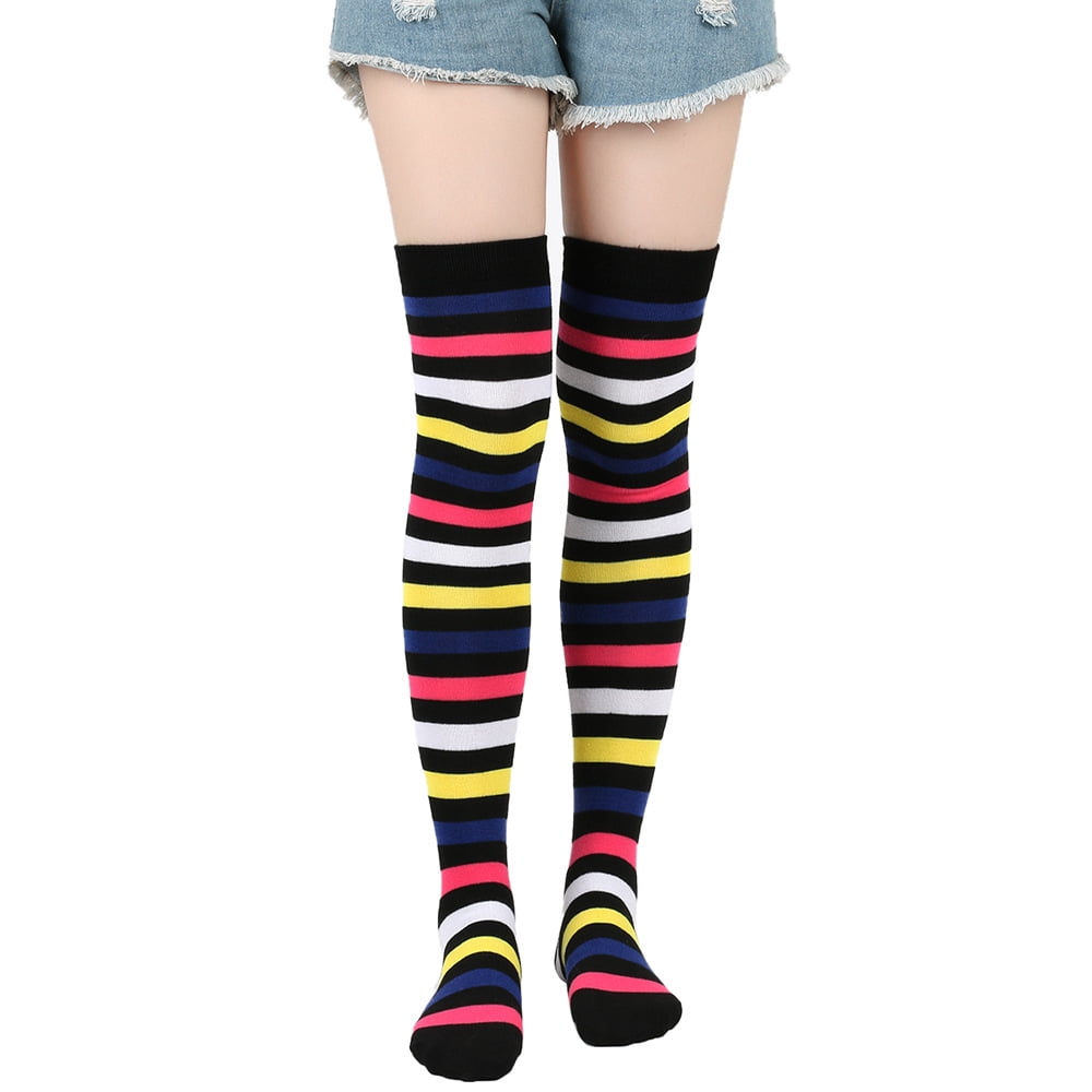 Hwoehyo Rainbow Luck Over The Knee Colorful Striped Personality Knit ...