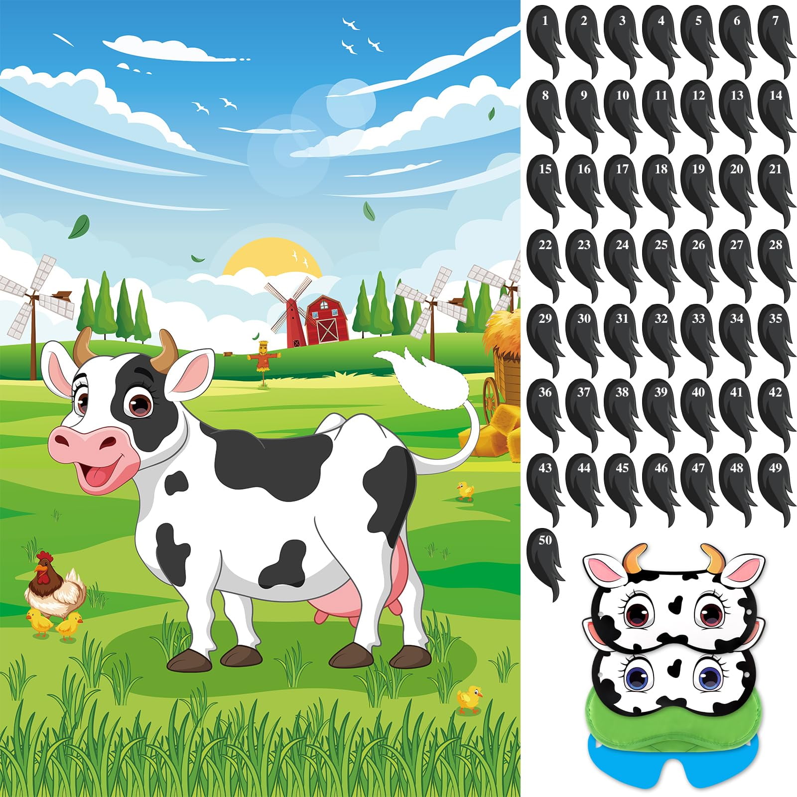 Hxezoc Pin The Tail on The Cow Game With 50 Pcs Tails, Large Cow Party ...