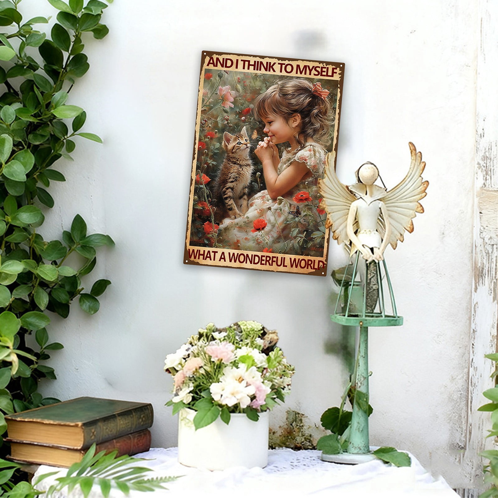 Hxlamzoo 1Pcs Rustic Metal Sheet Art Wall Decor - Garden Girl with Cat ...