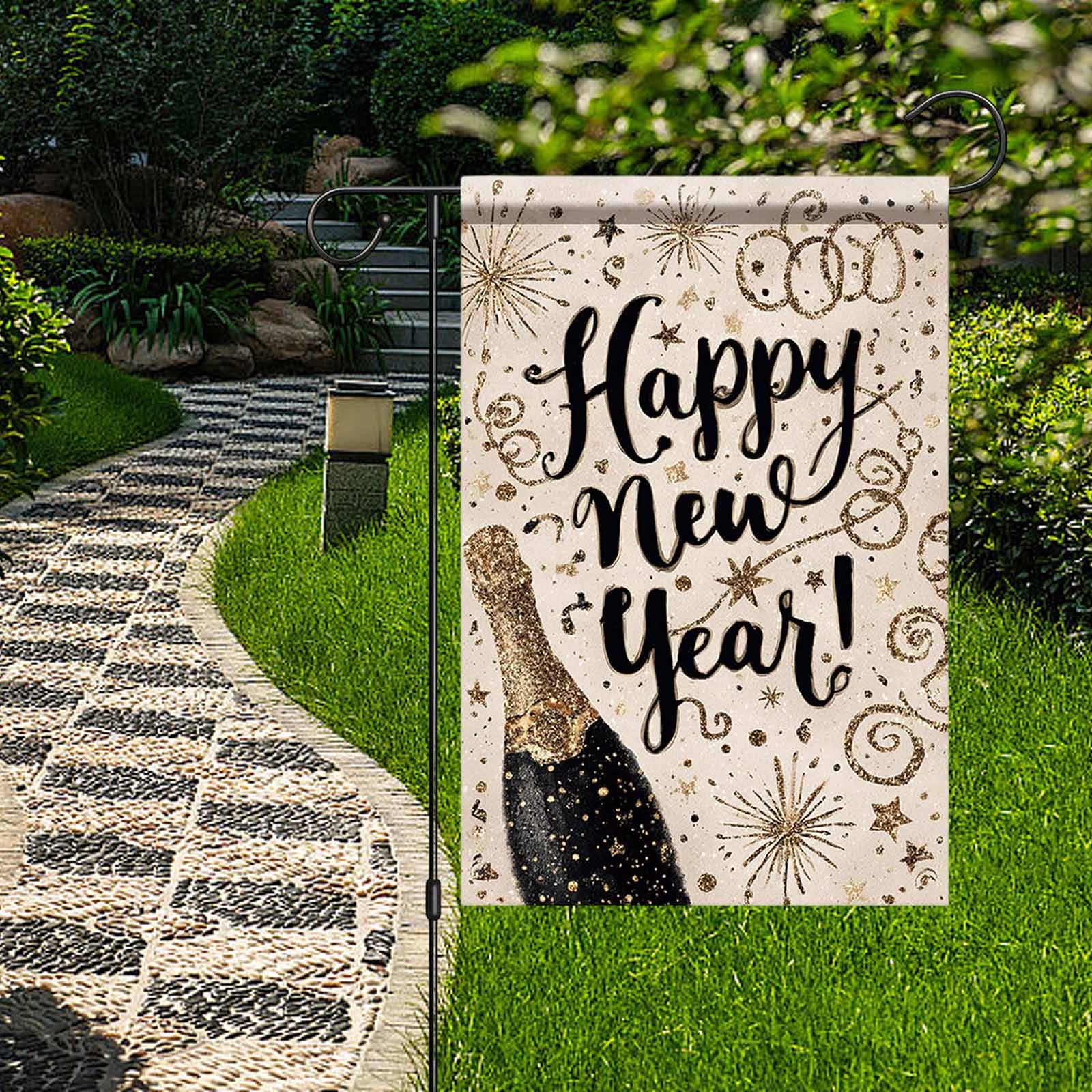 Hxlamzoo 2026 Happy New Year Garden Flag 12x18 Inches Linen Outdoor ...