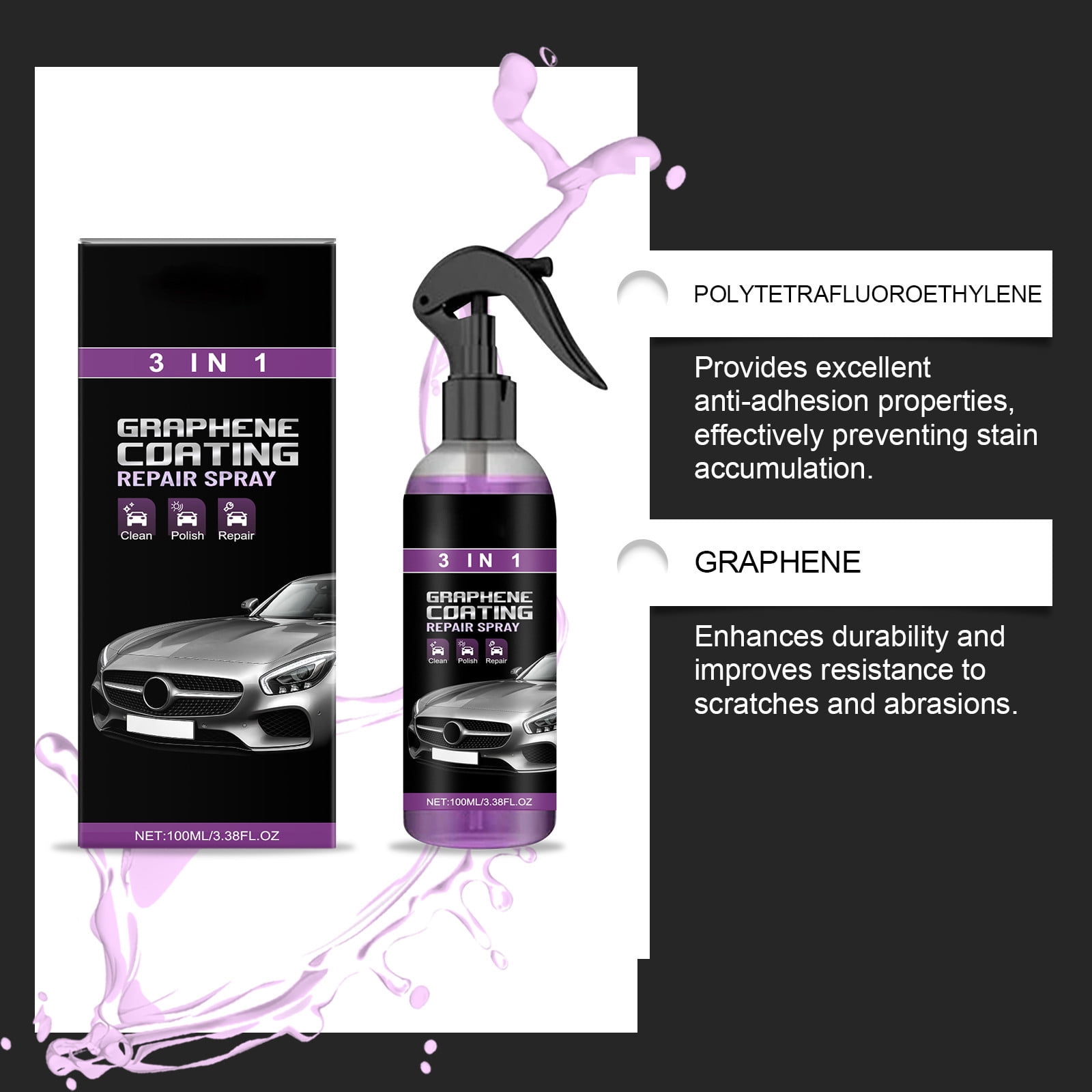 Hxlamzoo 3-in-1 Automotive Paint Protection Spray 100ml with Sponge & Cloth – Long-Lasting Gloss ...