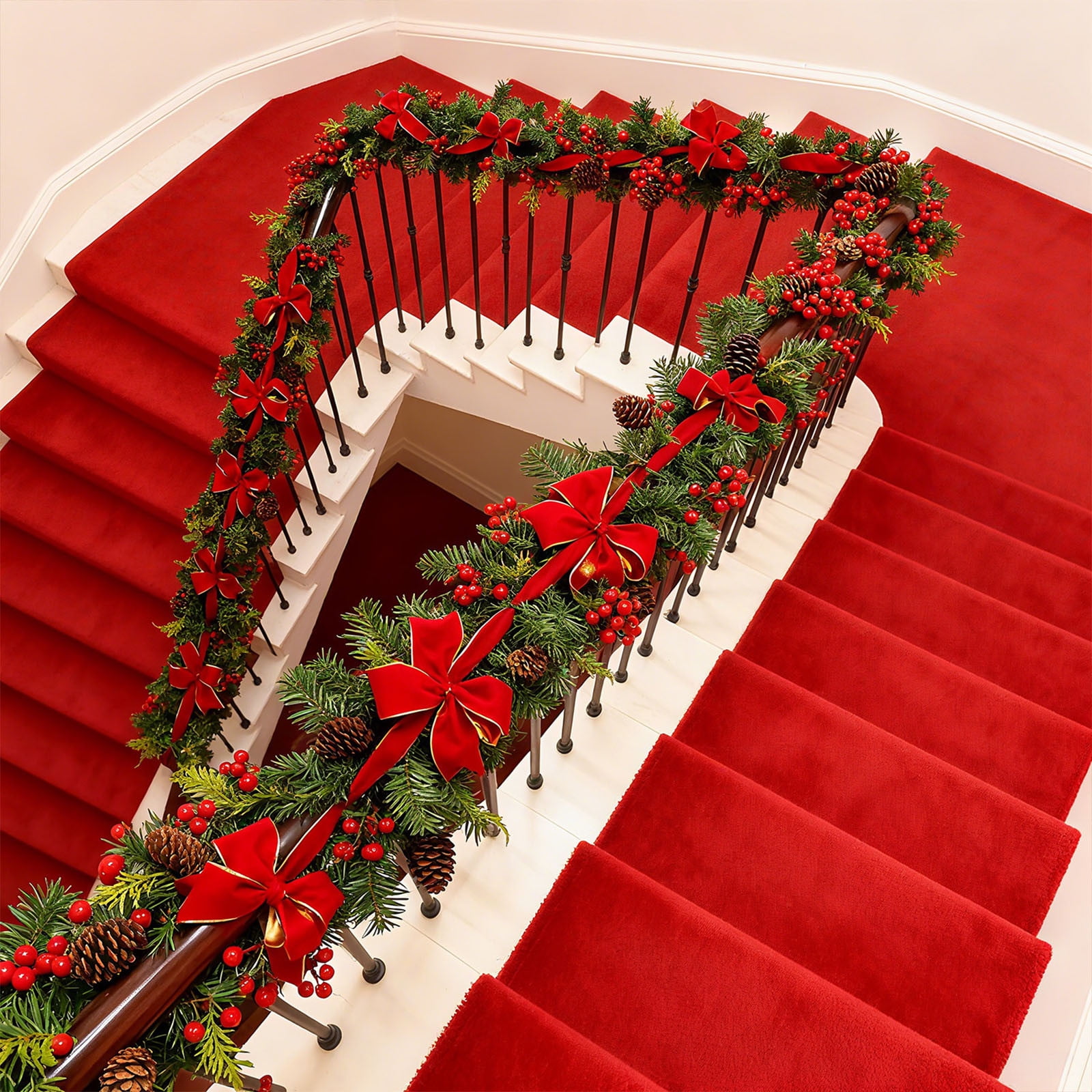Hxlamzoo Christmas Stair Decoration with Velvet Bows, Pine Cones ...