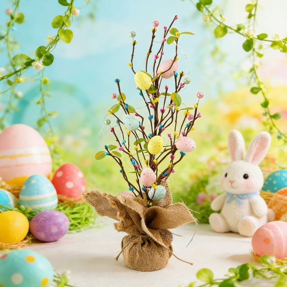Hxlamzoo Easter Egg Tree with Lights, Plastic Multicolor Potted Plants ...