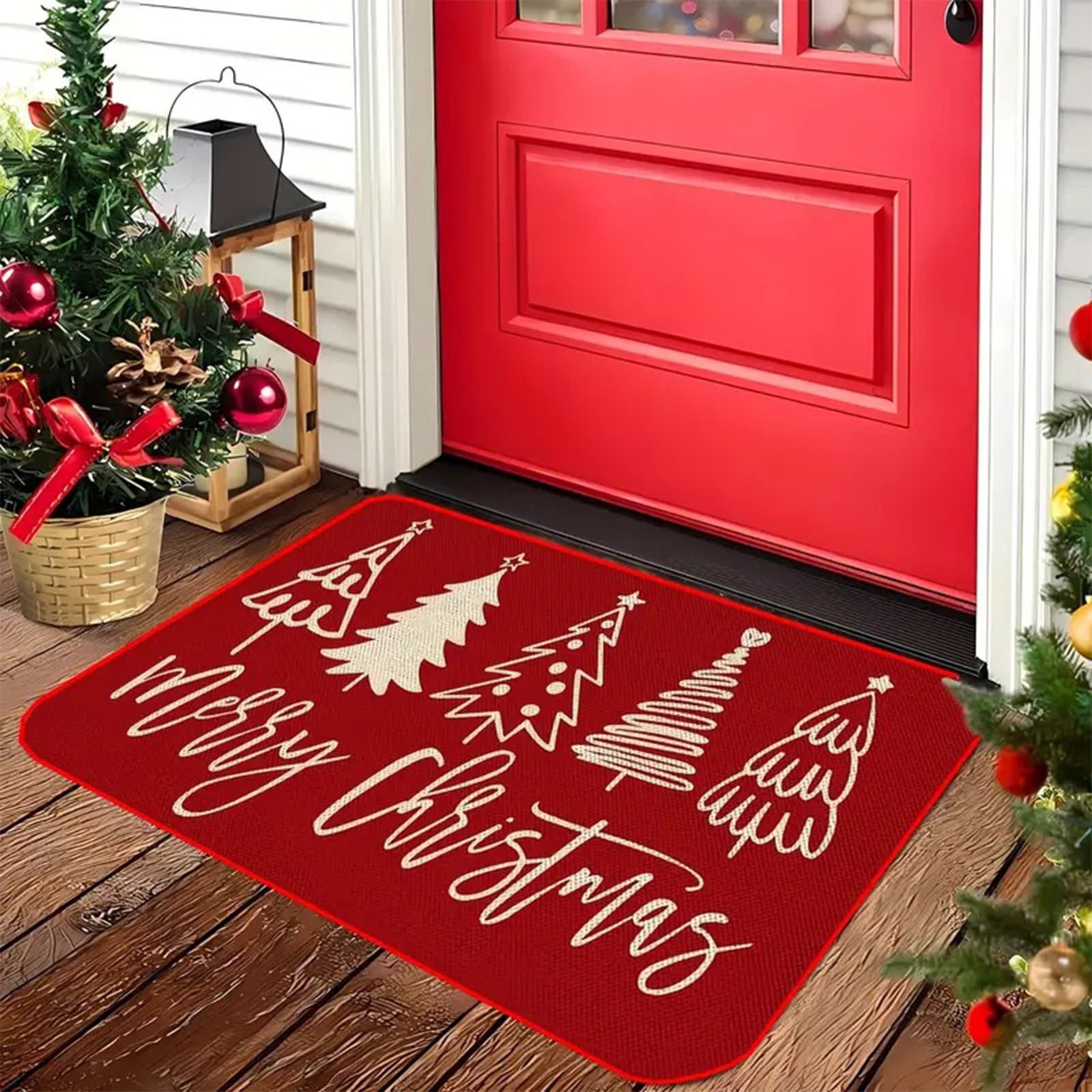 Hxlamzoo Festive Merry Christmas Doormat - Red Xmas Tree All-Weather ...