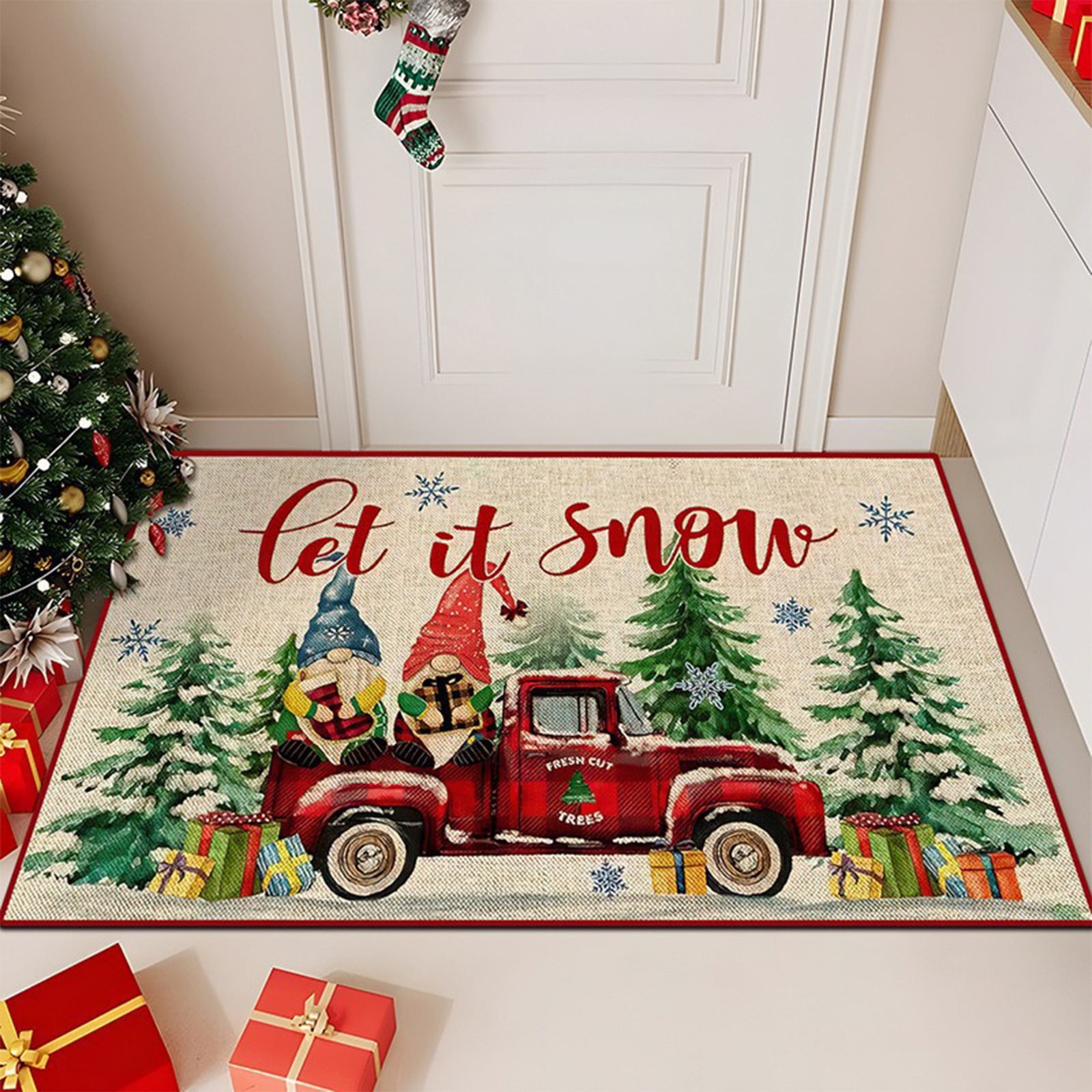 Hxlamzoo Festive Merry Christmas Doormat - Red Xmas Tree All-Weather ...