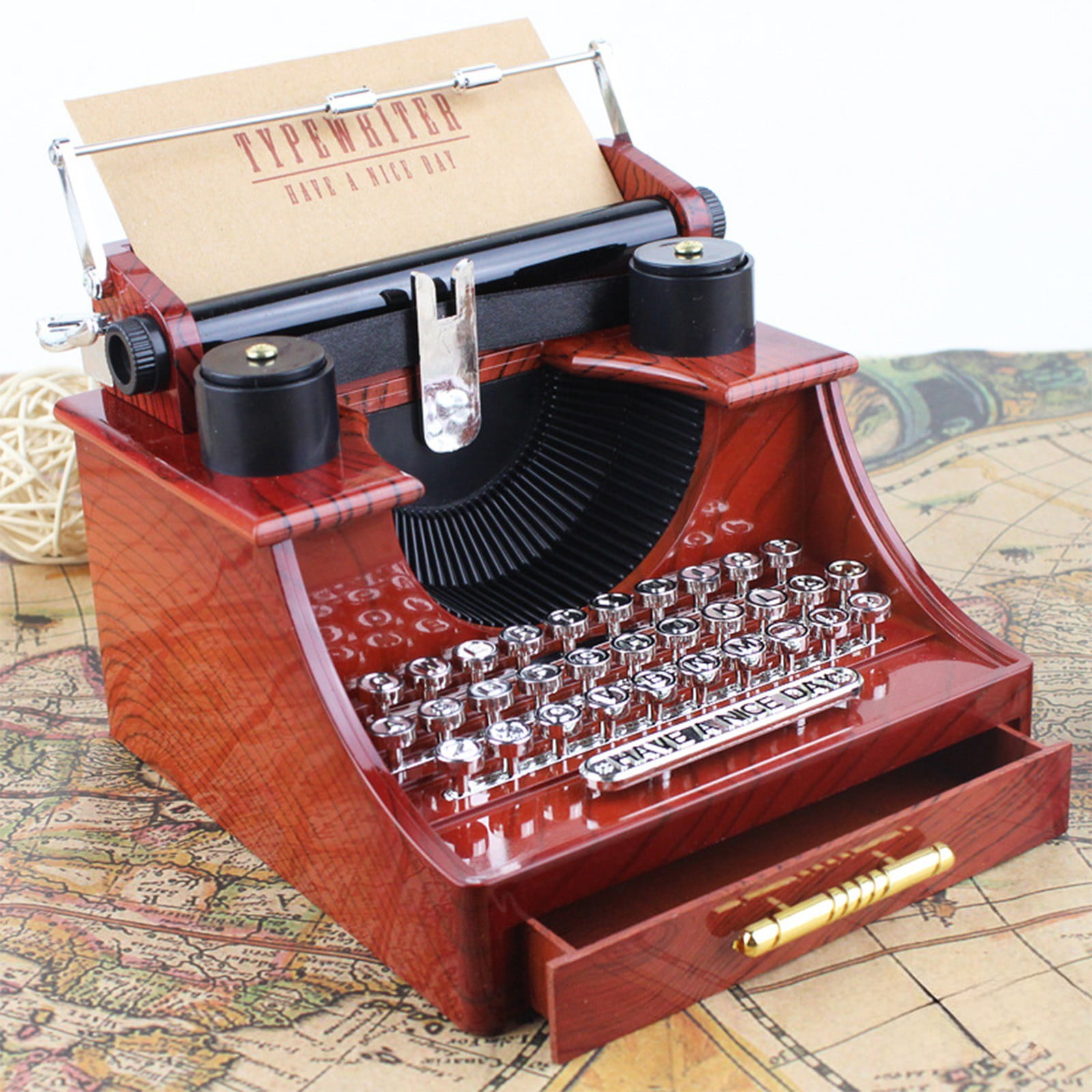 Hxlamzoo Vintage Typewriter Spring Music Box with Wood Grain Finish and ...
