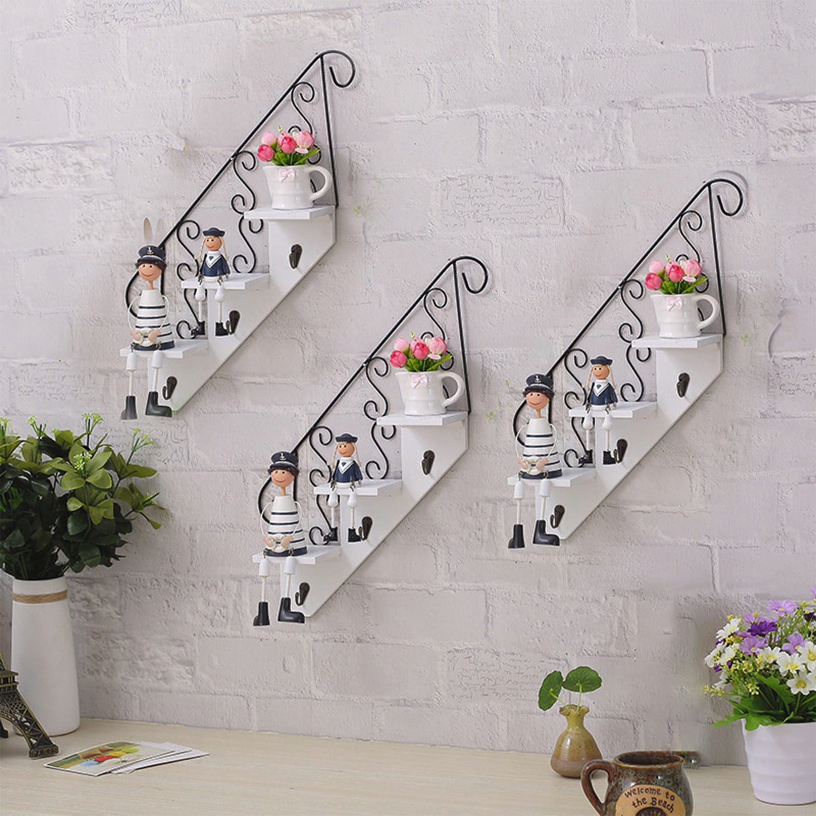 Hxlamzoo Wall Mounted Floating Shelves with Hooks, Wooden Step Rack ...
