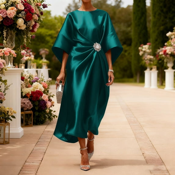 Hxlamzoo Women's Dress Loose Solid Color Satin Long Dress with ...