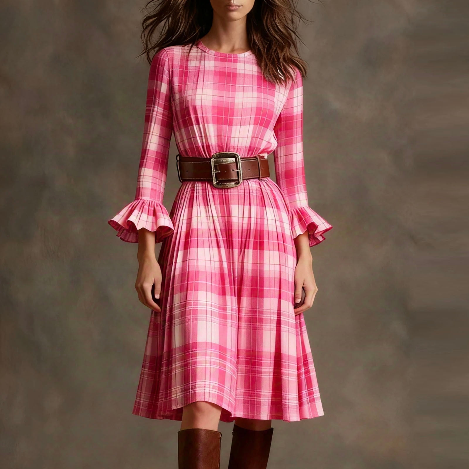 Hxlamzoo Women's Dress - Round Neck Bell Sleeves Pleated Midi Dress for ...