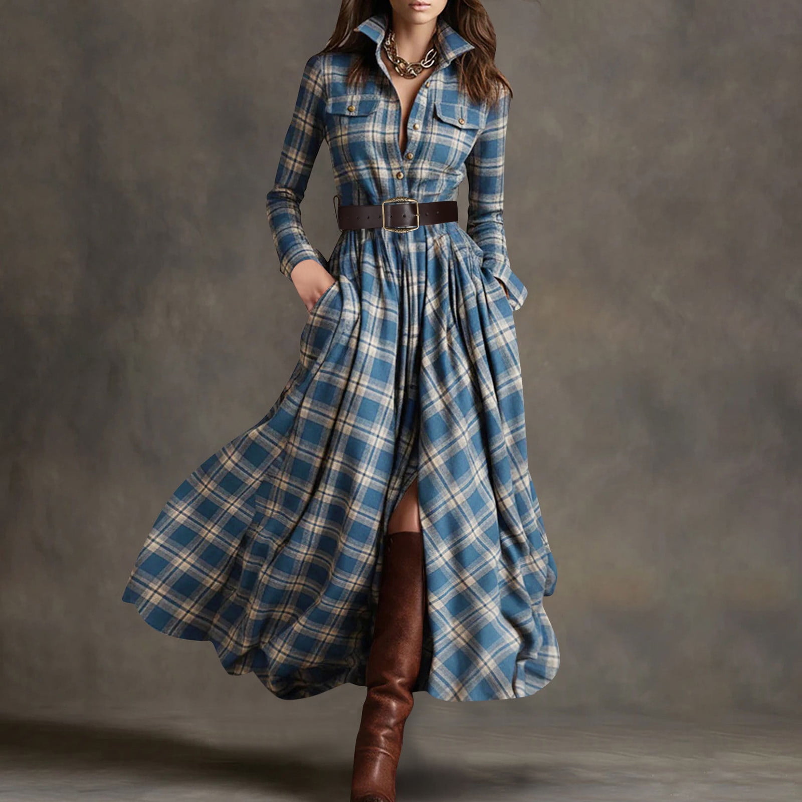 Hxlamzoo Women's Dress Vintage Plaid Slimming Asymmetric Long Sleeve ...