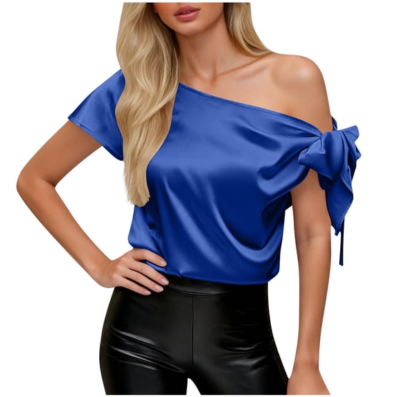 Hxlamzoo Women's Off Shoulder Silk Tops Casual Short Sleeve ...