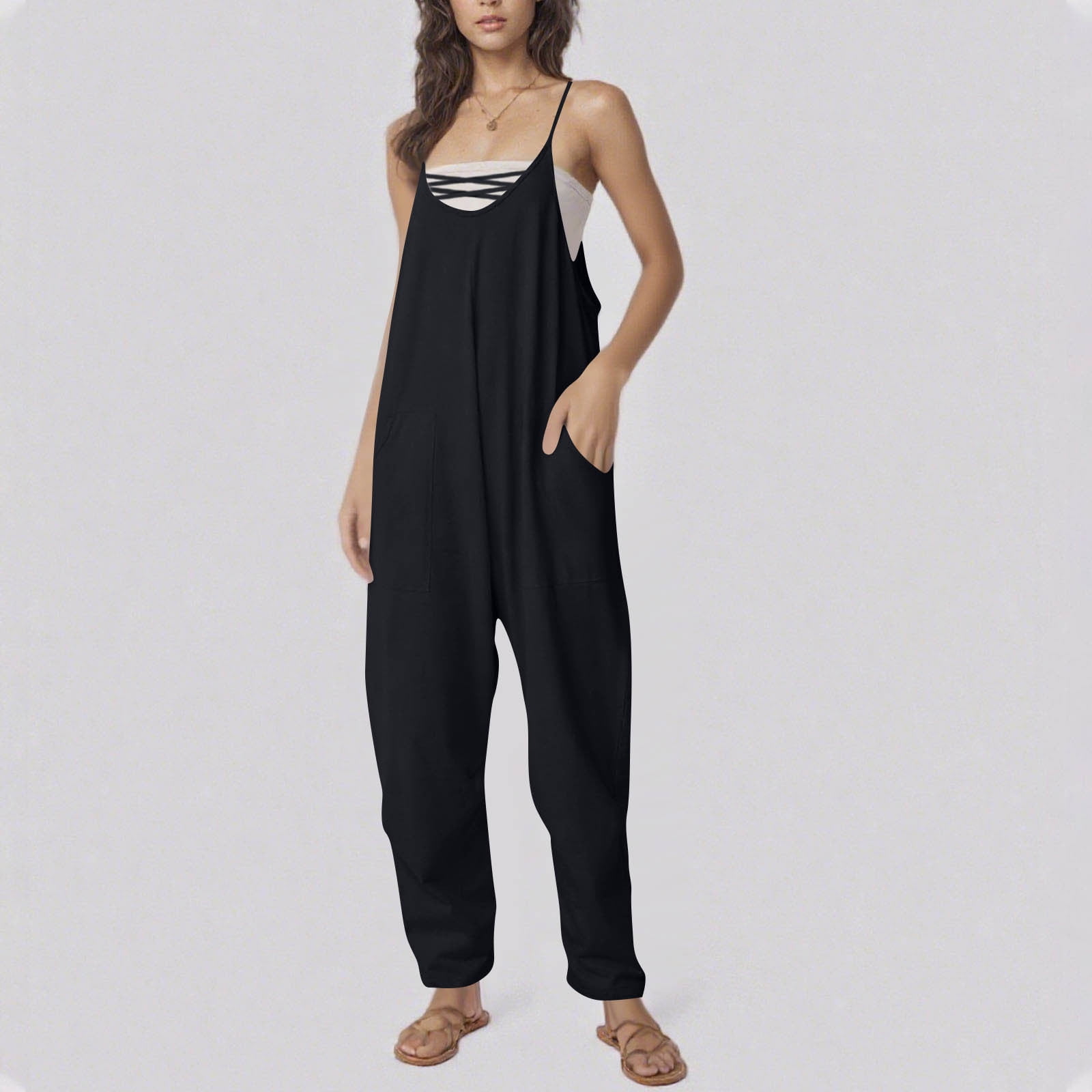 Hxlamzoo Women's Solid Color Overalls with Cross Neck Adjustable Straps ...