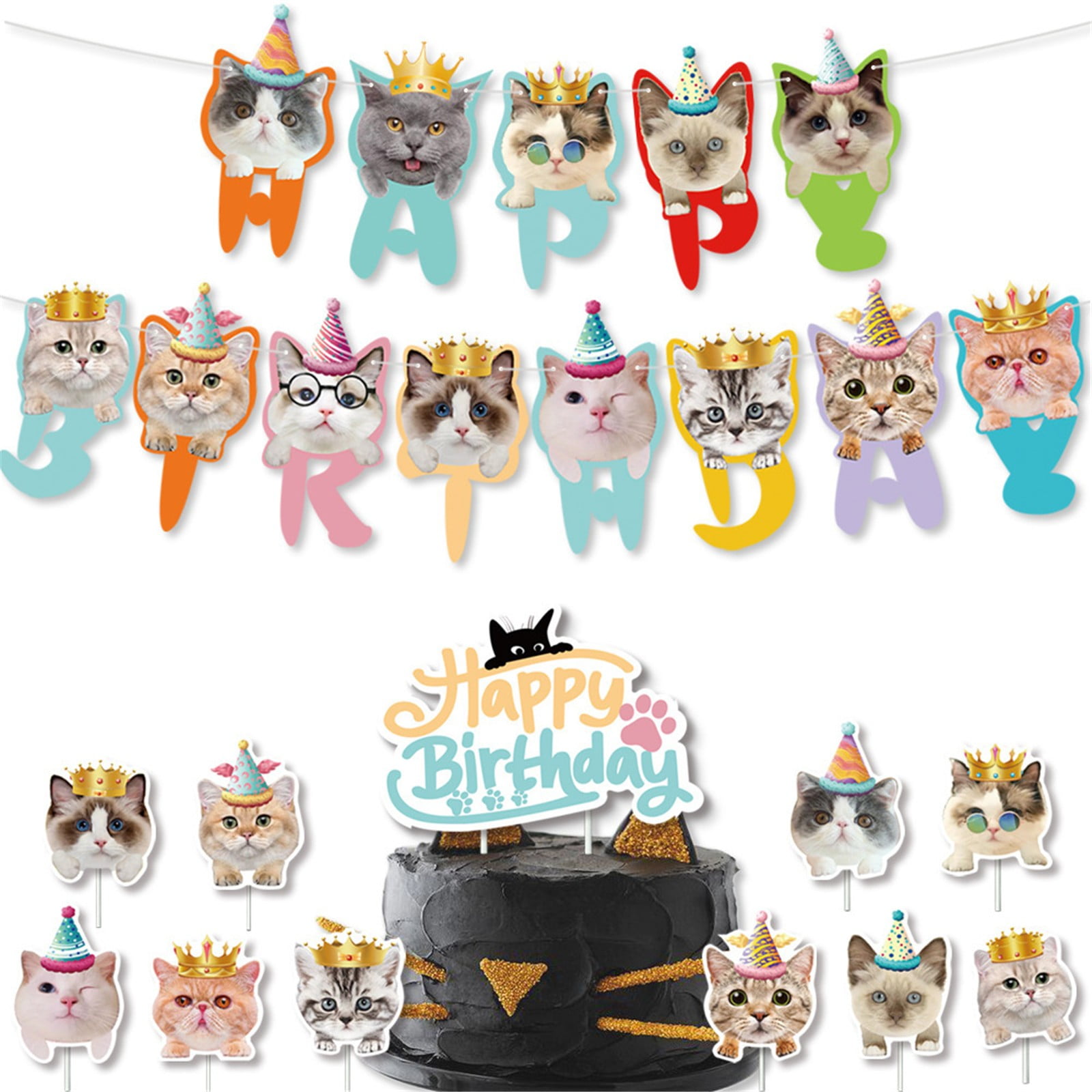 Hxoliqit Cat Cat Faces Birthday Banner Birthday Cat Garland Cat Faces ...