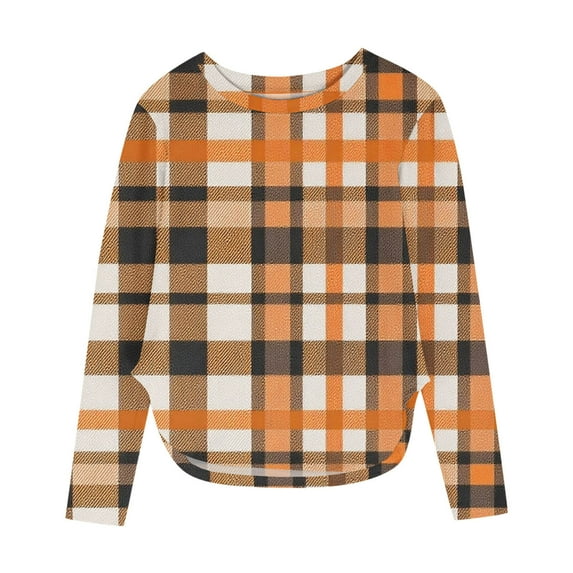 Hxshgdsn Girls Long Sleeve Shirts Cotton Plaid Crew Neck Split Hem ...