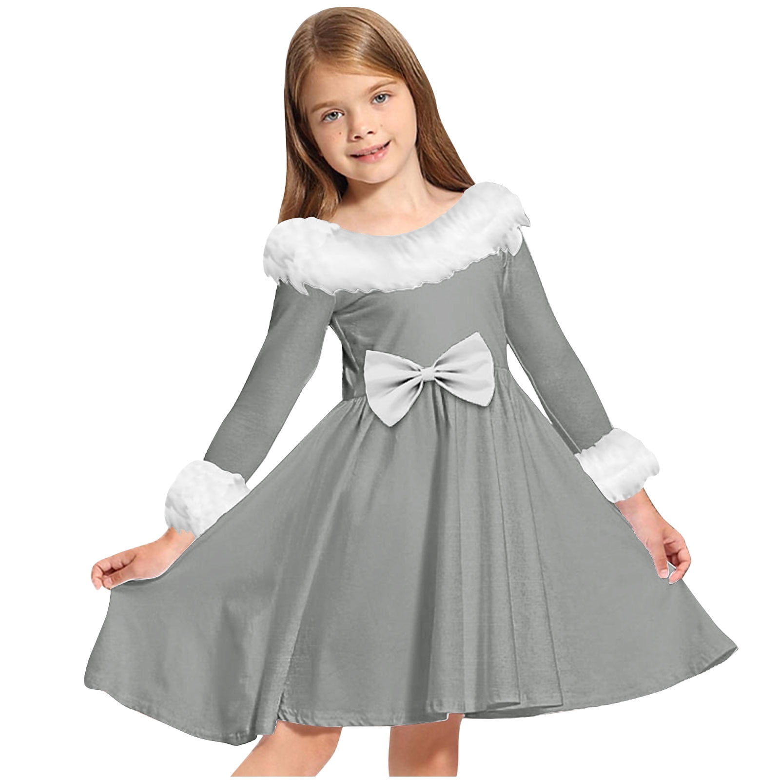 Hxshgdsn Girls Party Dresses Velvet Fuzzy Neck Bow Long Sleeve Dress ...
