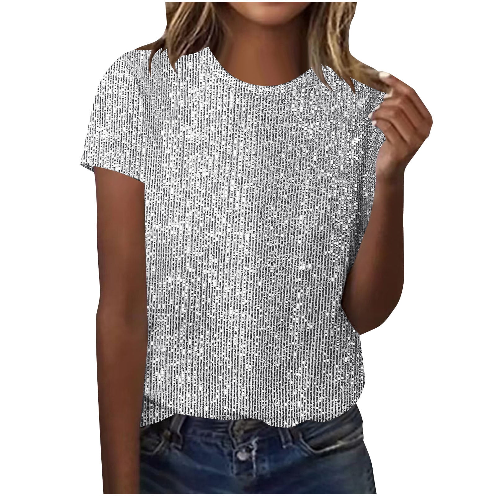 Hxshgdsn Sparkle Glitter Shirts For Women Short Sleeve Crewneck Sequin ...