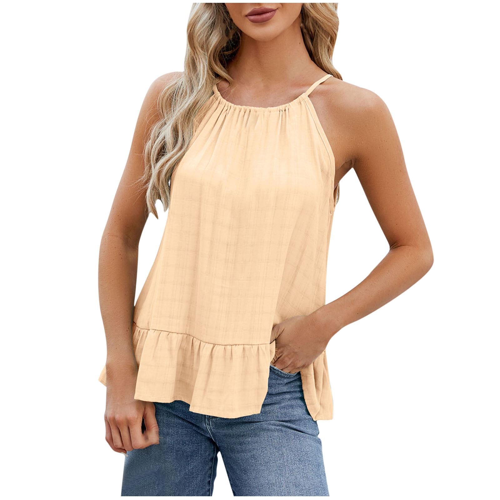 Hxshgdsn Women's Halter Cami Tank Tops Pleated Solid Color Flowy Ruffle ...