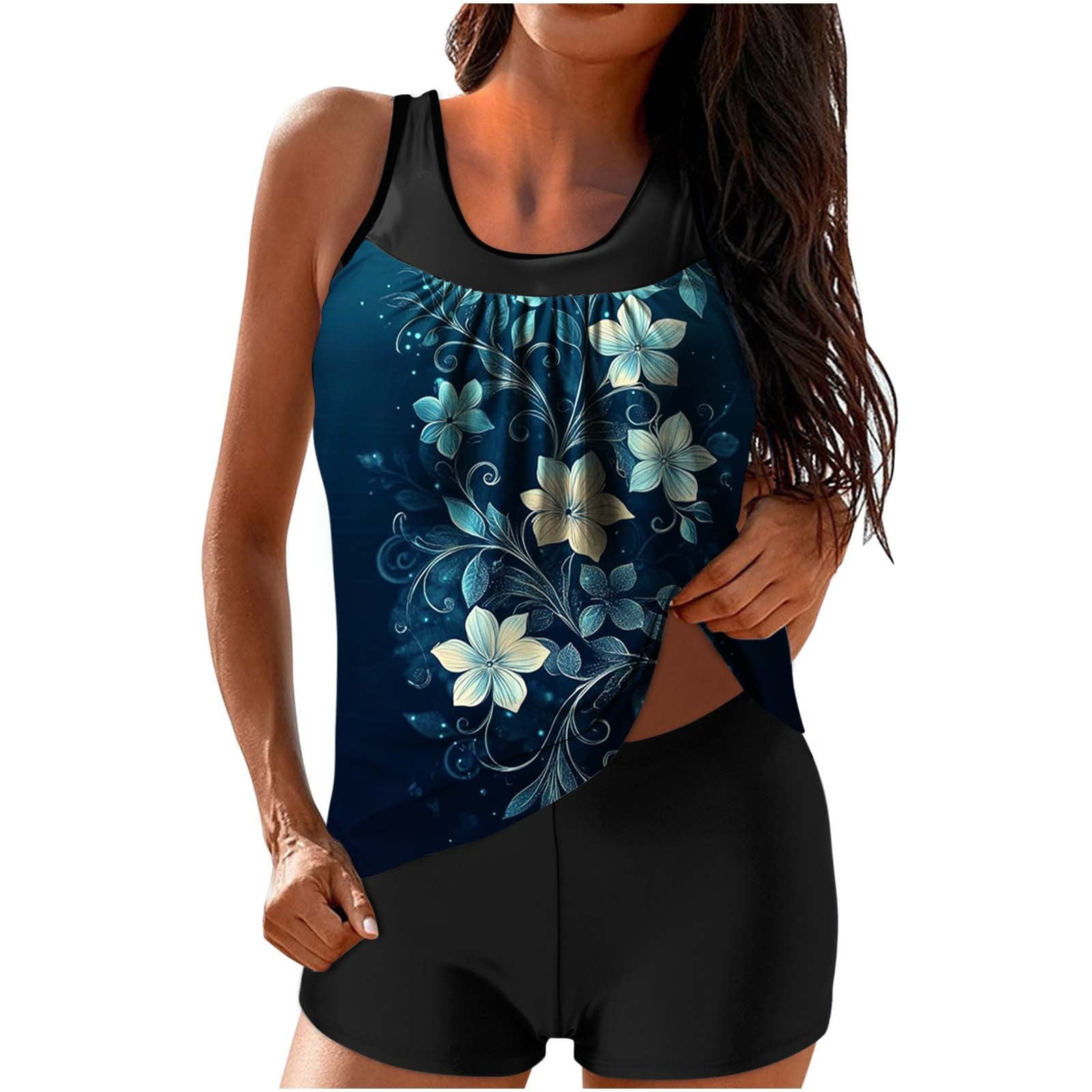 Hxshgdsn Womens Tankini Swimsuit 2Piece Modest Crewneck Pleated Front ...