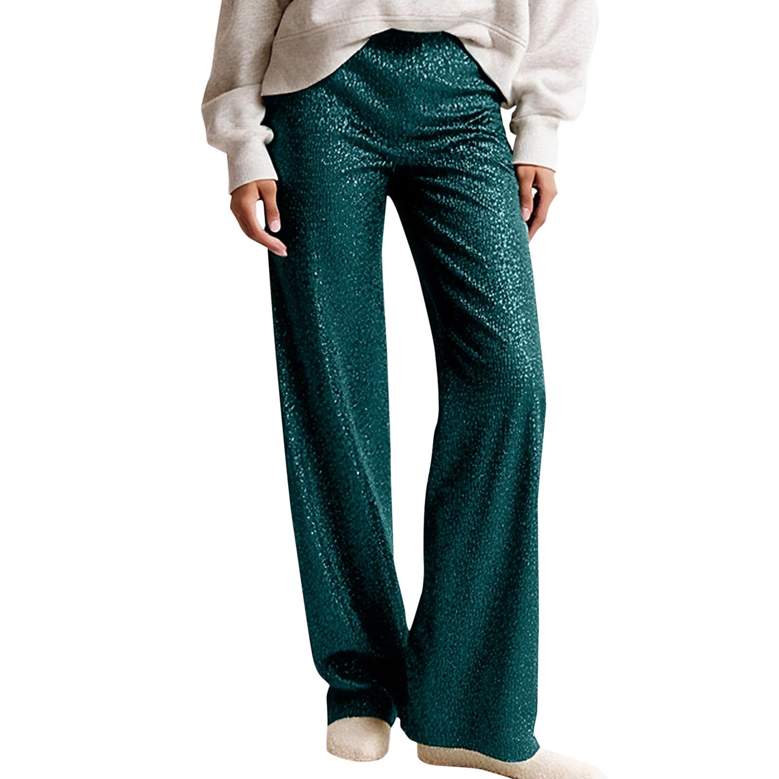 Hxshgdsn Womens Wide Leg Long Pants Sparkle Sequin Trousers Elastic ...