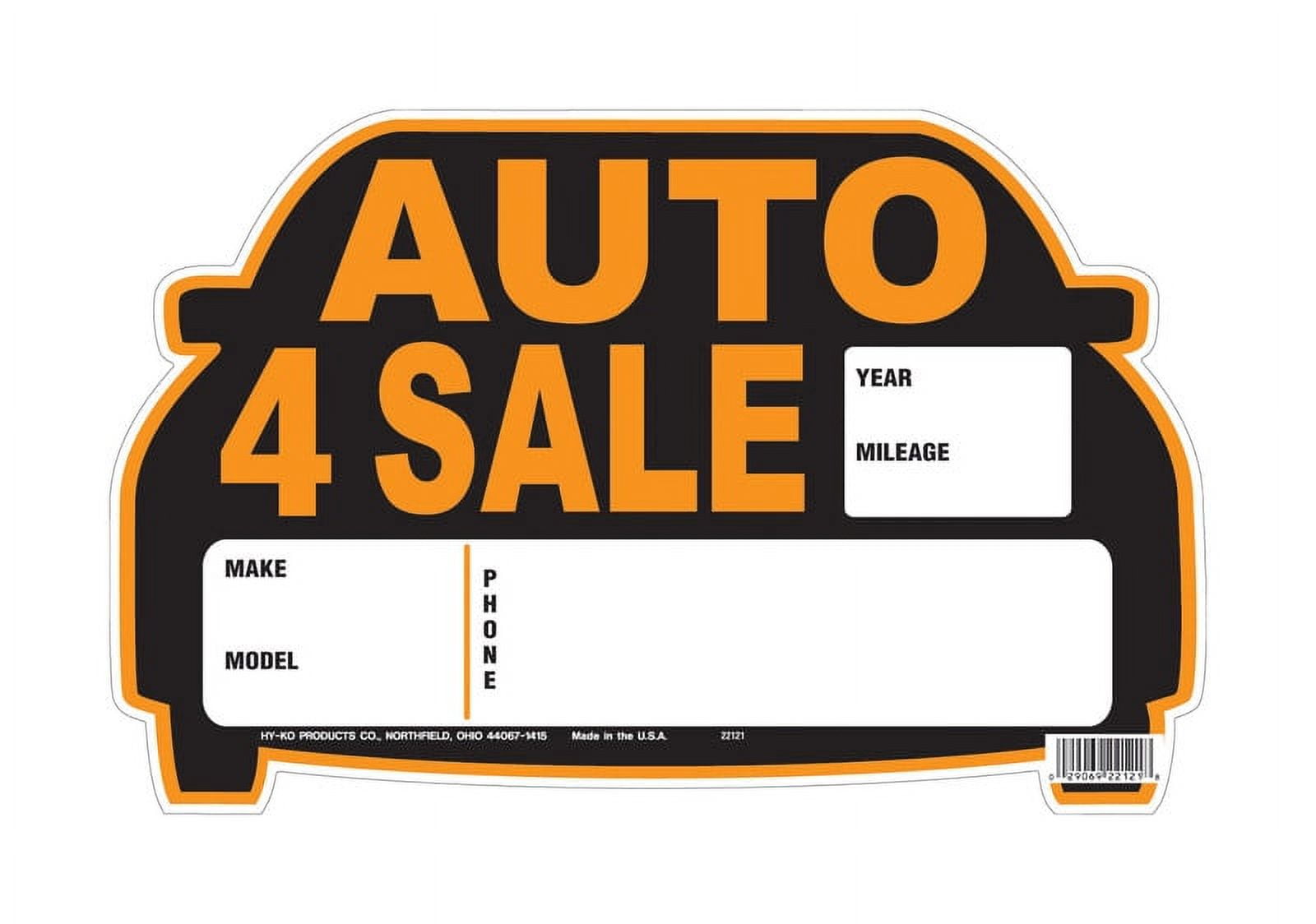 HY-KO PROD CO "Auto for Sale" Sign, Orange & Black, Polystyrene, 9 x 14 ...