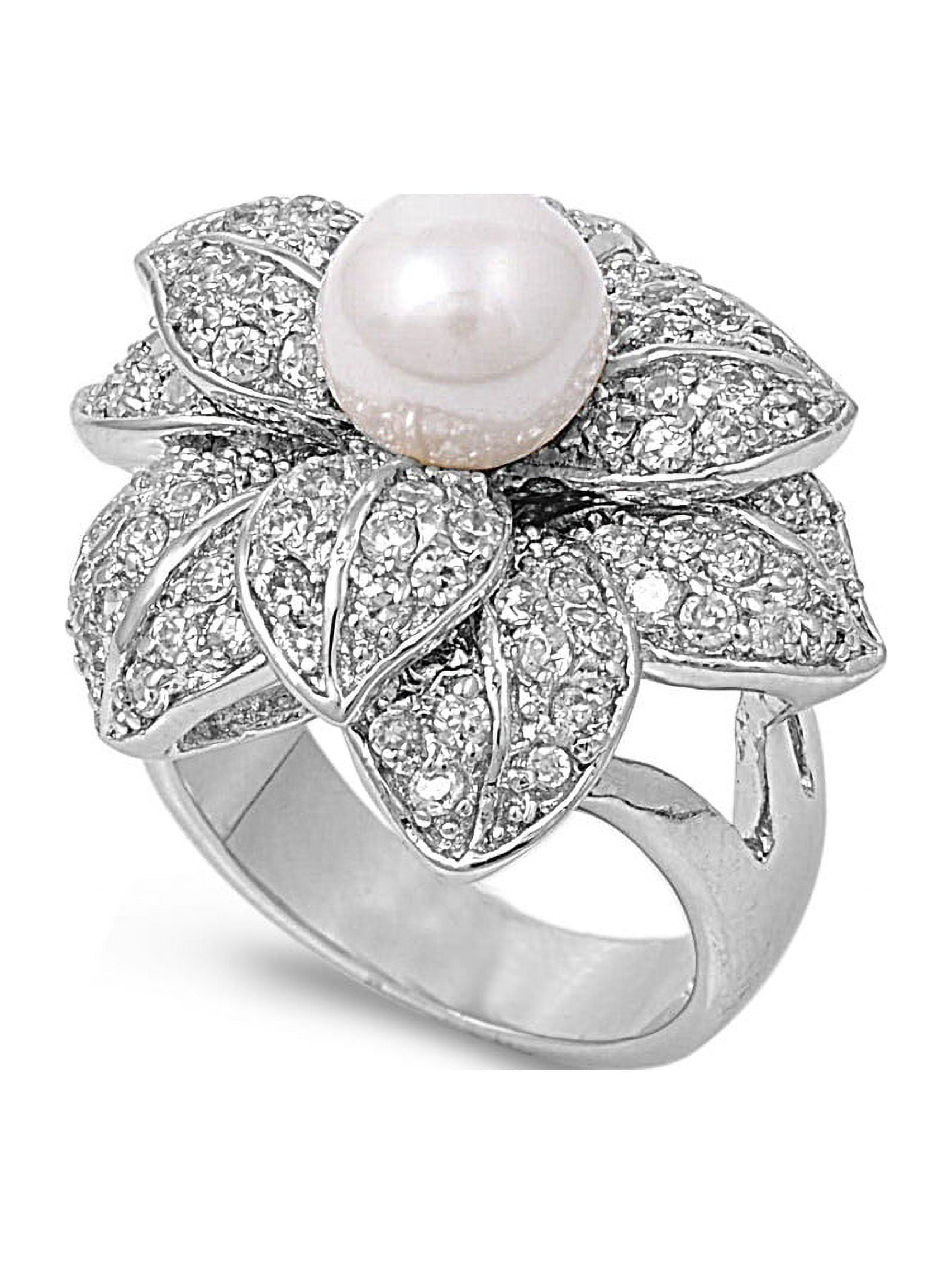 Hyacinth Flower Simulated Pearl Cubic Zirconia Ring Sterling Silver 925 ...