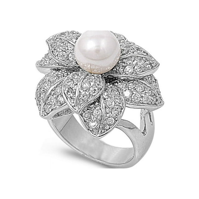Hyacinth Flower Simulated Pearl Cubic Zirconia Ring Sterling Silver 925 ...