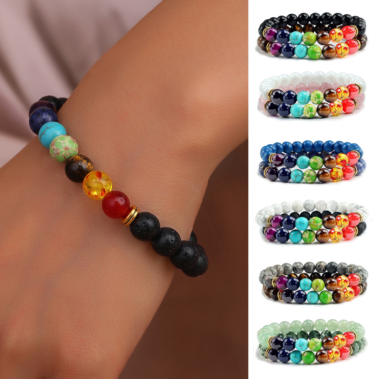Hyasfey 1 Pair Beaded Bracelet Double Layer Seven Chakras Colorful ...
