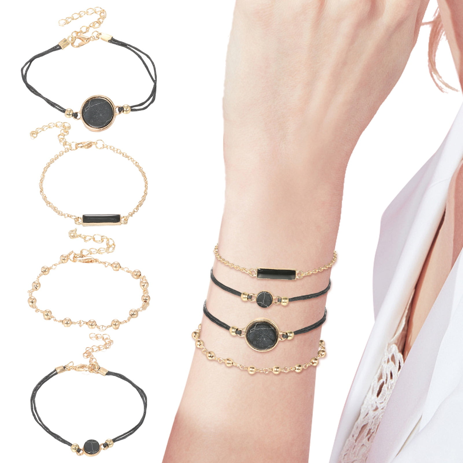 Hyasfey 4 Pcs/Set Women Bracelet Set Black Stone Adjustable Length ...
