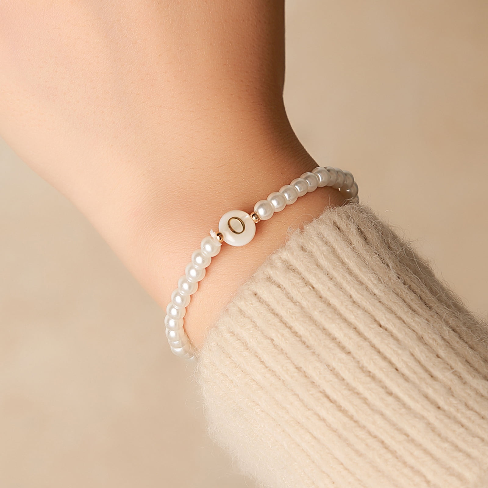 Hyasfey Alphabet Bracelet Alphabets Curved Faux Pearl Elastic Beaded ...