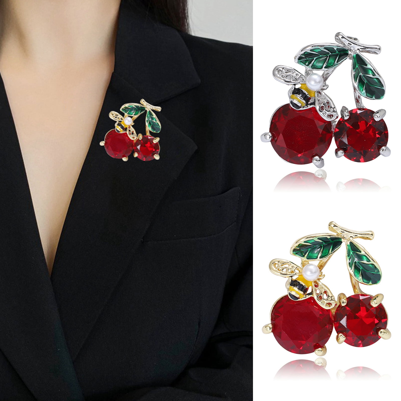 Hyasfey Cherry Brooch Faux Red Fruit Green Leaves Fake Pearl Bee Cute ...