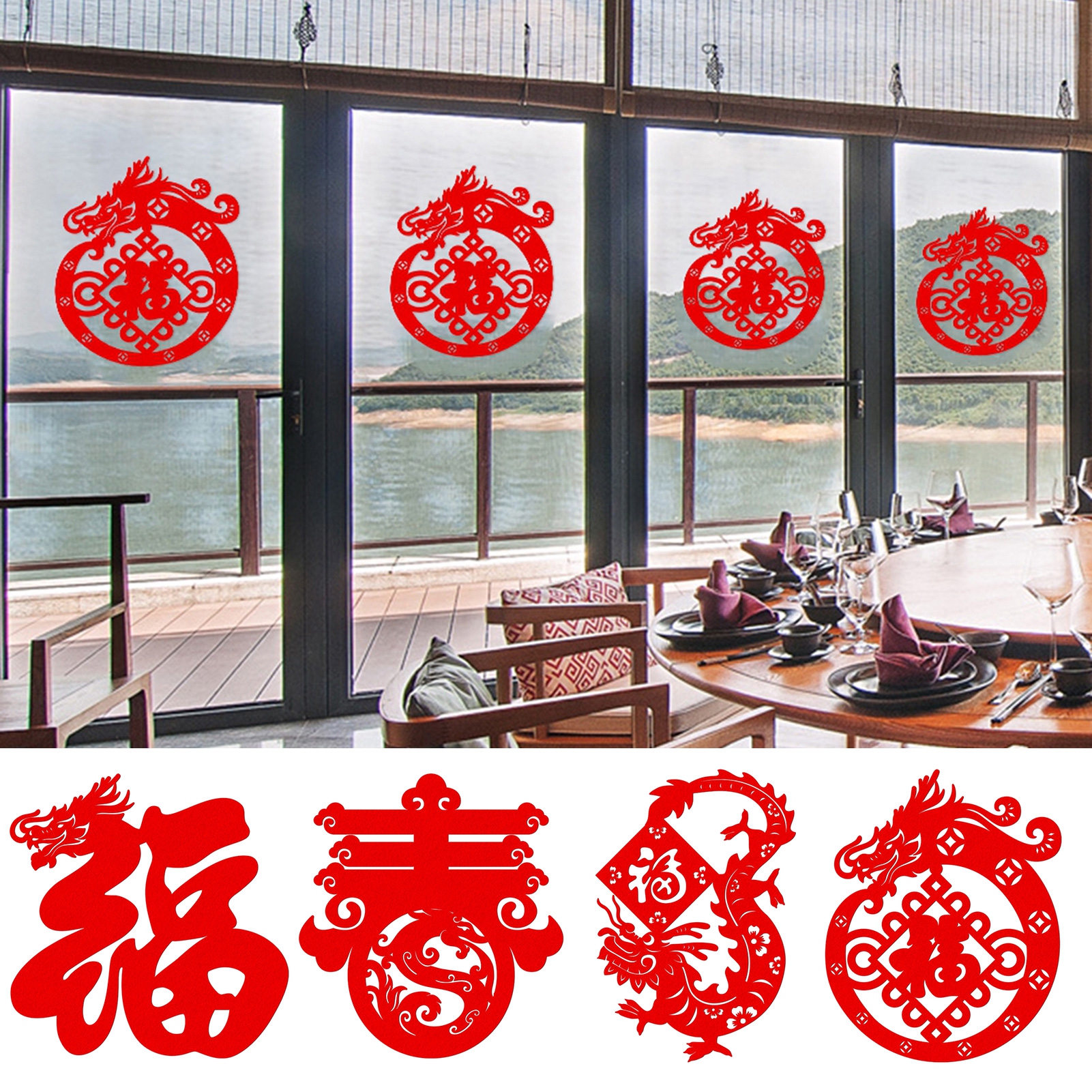 Hyasfey New Year Window Stickers Red Blessing Words Removable Festival ...