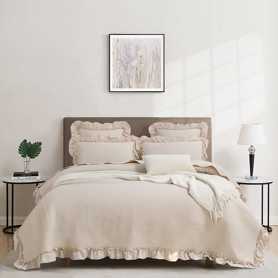 Hyashoshi Beige Queen Size Quilt Set, 3 Pieces 100% Washed Cotton Queen ...