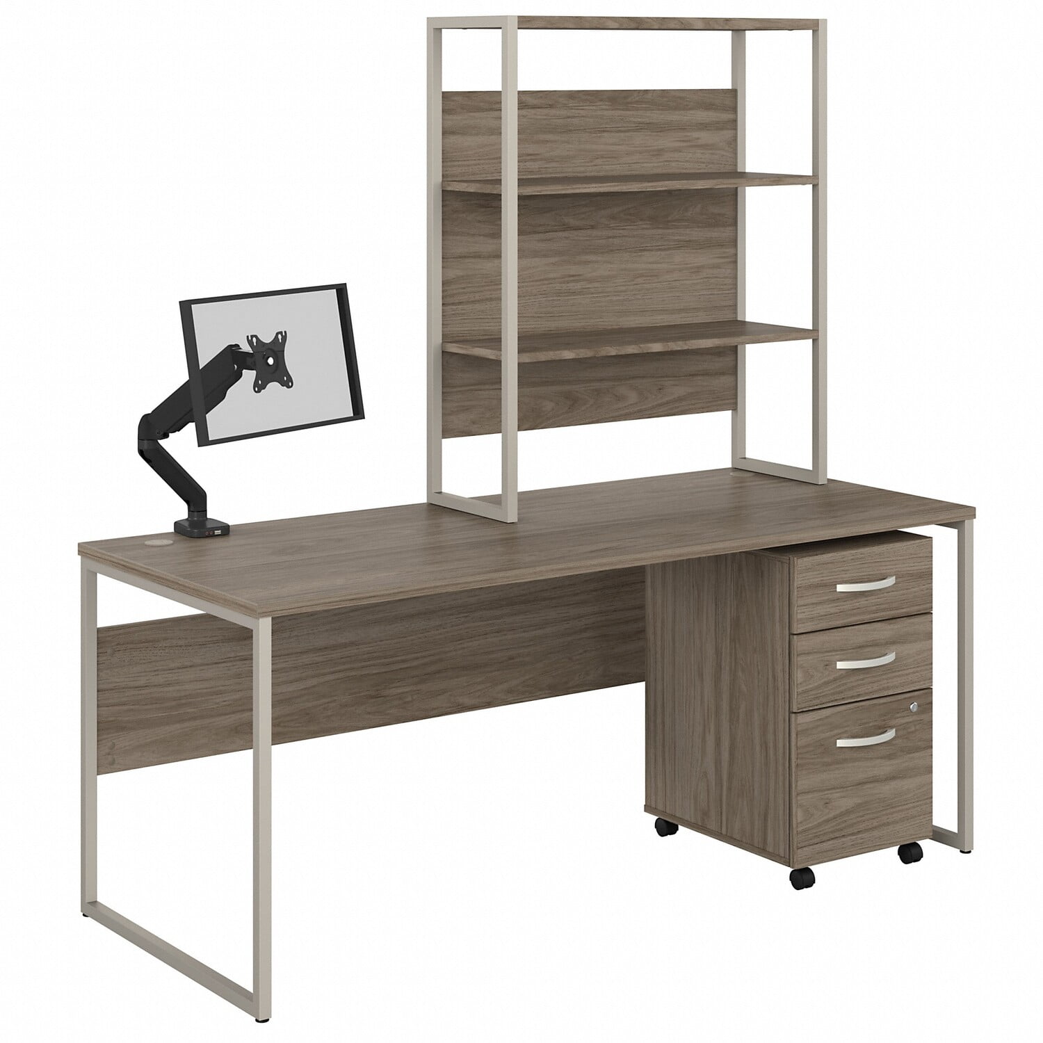 Hybrid 72W Computer Desk Set with Monitor Arm in Hickory - Engineered ...