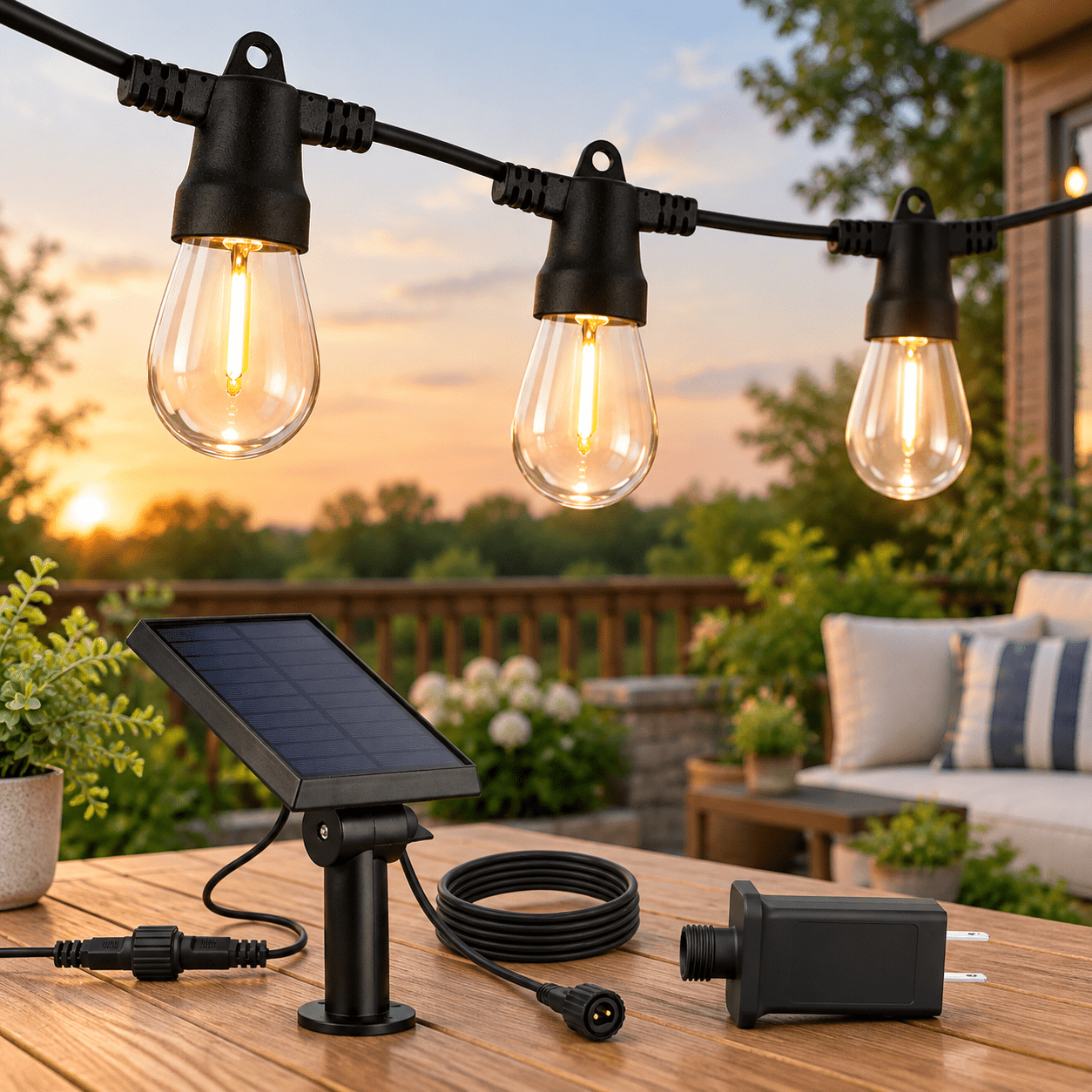Hybrid Bright 27 Feet Outdoor String Lights with Dual Plug Solar ...