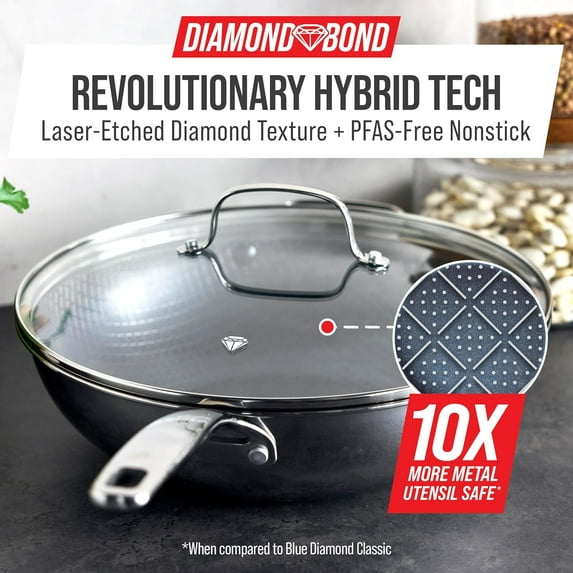 Hybrid Nonstick Stainless Steel 12" Wok with Lid, PFAS-Free Ceramic ...