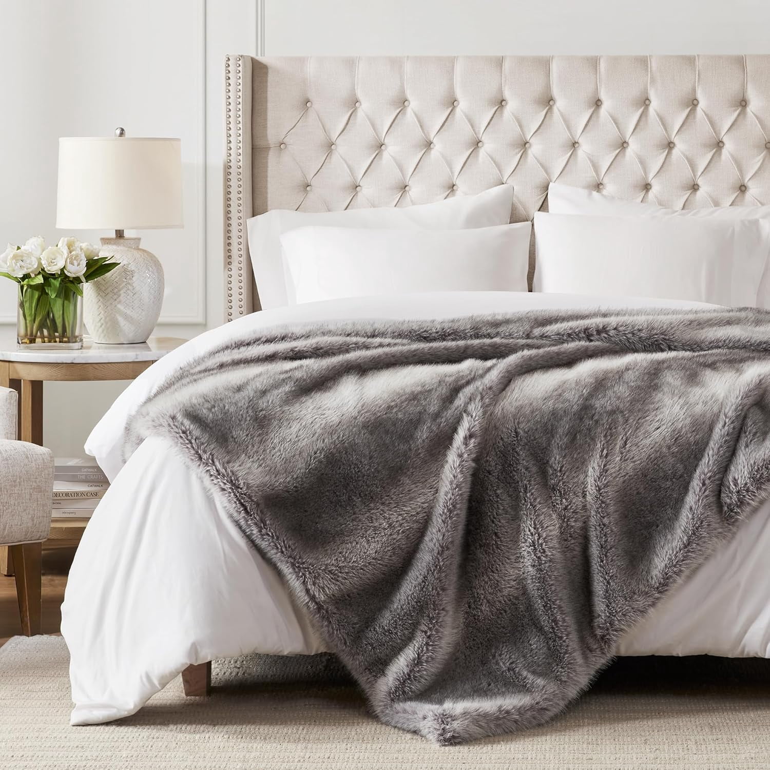 Hyde Lane Soft Faux Fur Throw Blanket, Luxury Fluffy Grey Blankets for ...