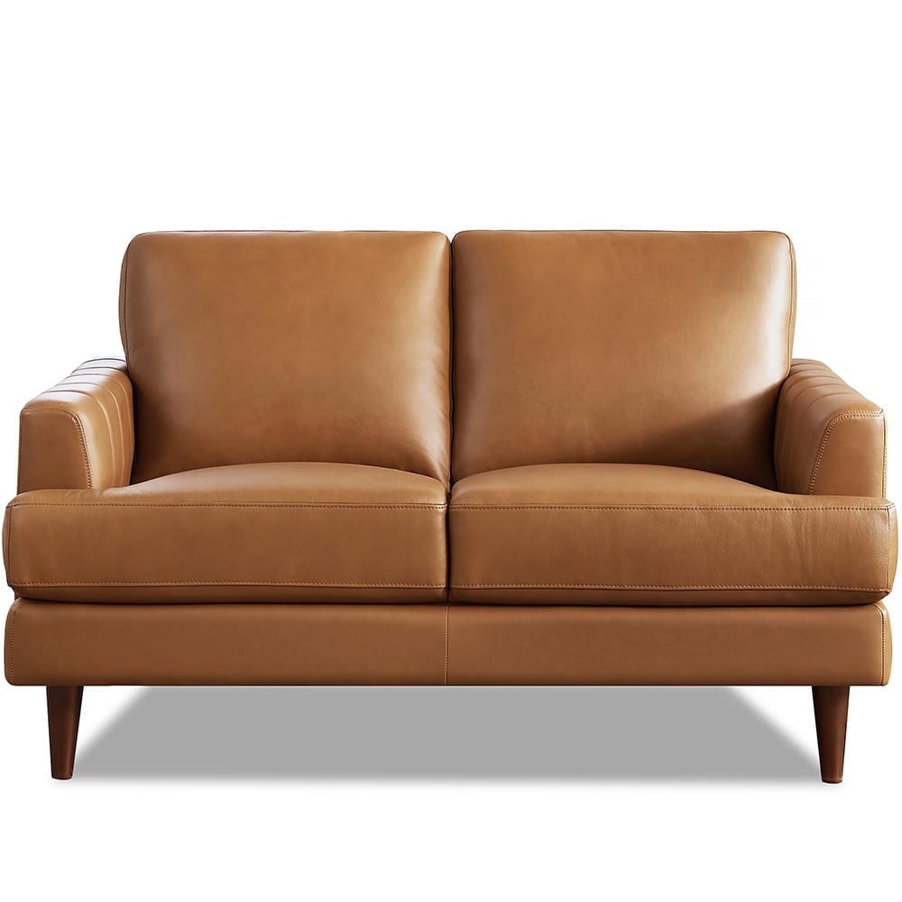 Hydeline Cassia Top Grain Leather Loveseat Cognac Brown with Tapered Legs Feather Down Memory ...