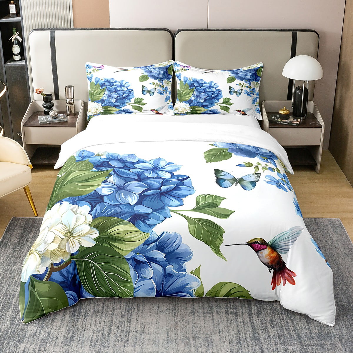 Hydrangea 100% Natural Cotton Duvet Cover Full Size 3Pcs,Blue Floral ...