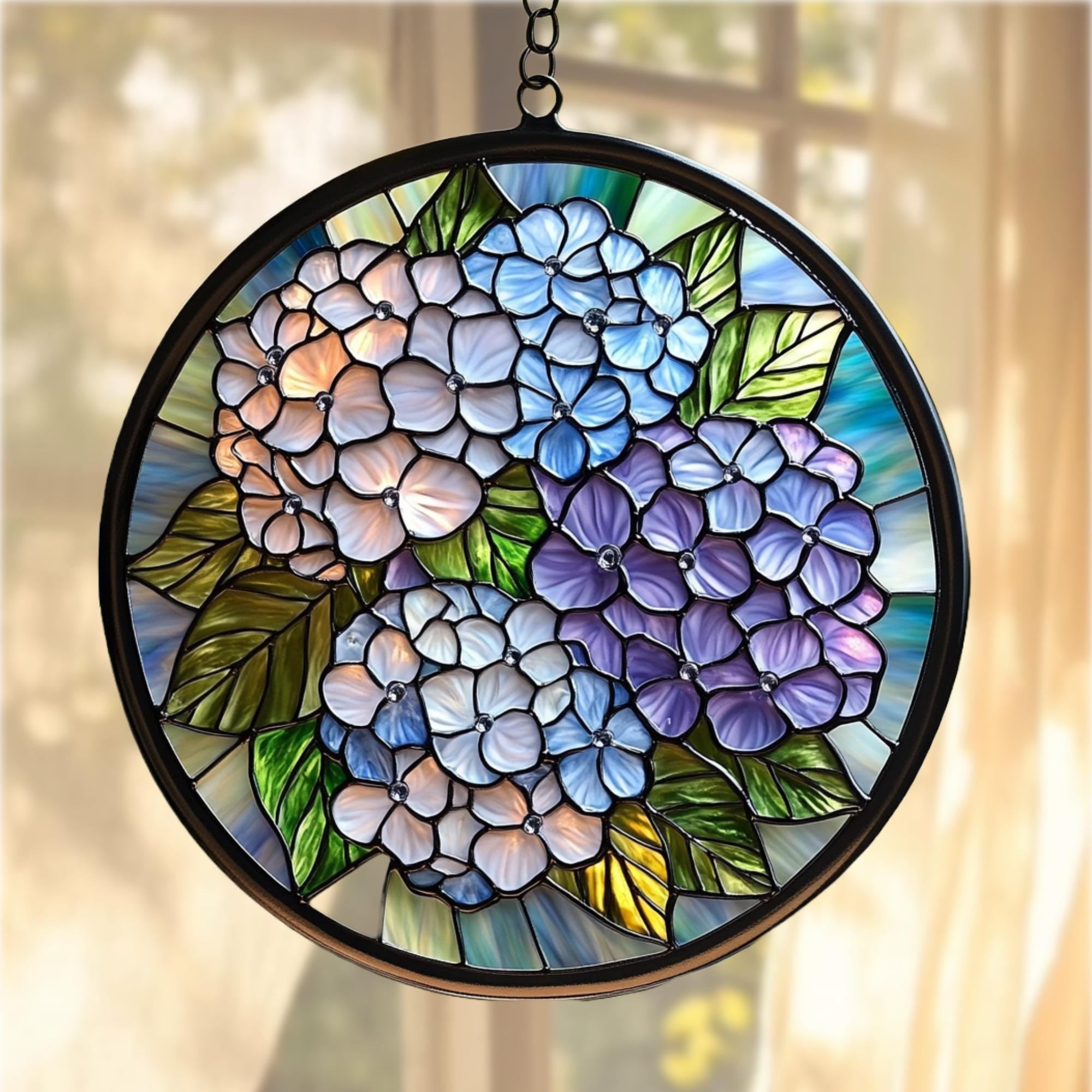 Hydrangea Acrylic Faux Stained Glass Suncatcher, Vibrant Floral Window ...
