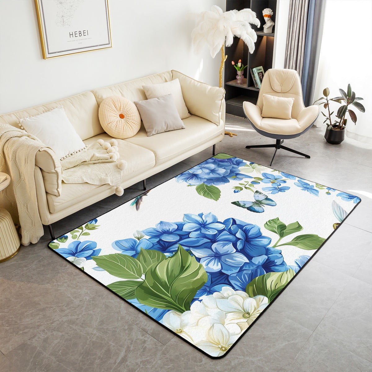 Hydrangea Area Rug 3x5,Blue Floral Carpet For Adult Teens,Hummingbird ...