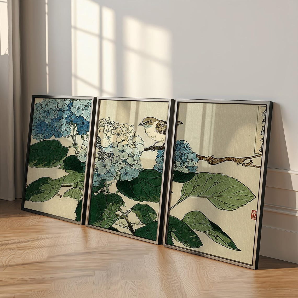 Hydrangea Bird Japanese Woodblock Style Art Version Two Set 3 Unframed ...