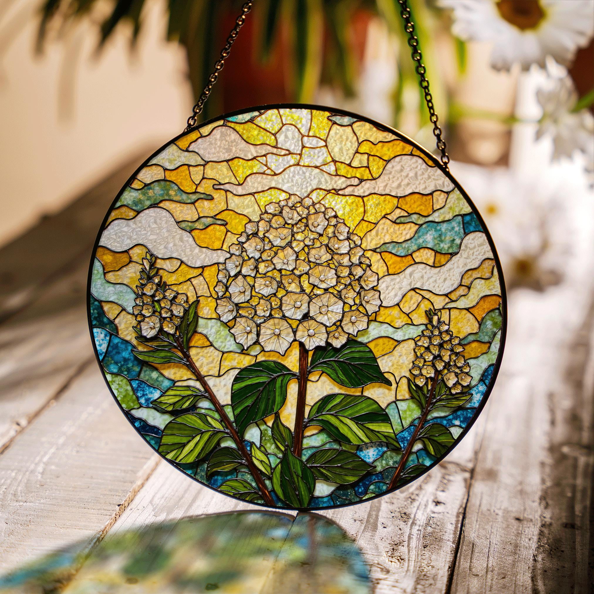 Hydrangea Bloom Round Stained Glass Style Suncatcher, Floral Window ...