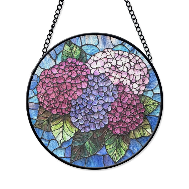 Hydrangea Blooms Stained Glass Panel with Pastel Petals and Lush Leaves ...