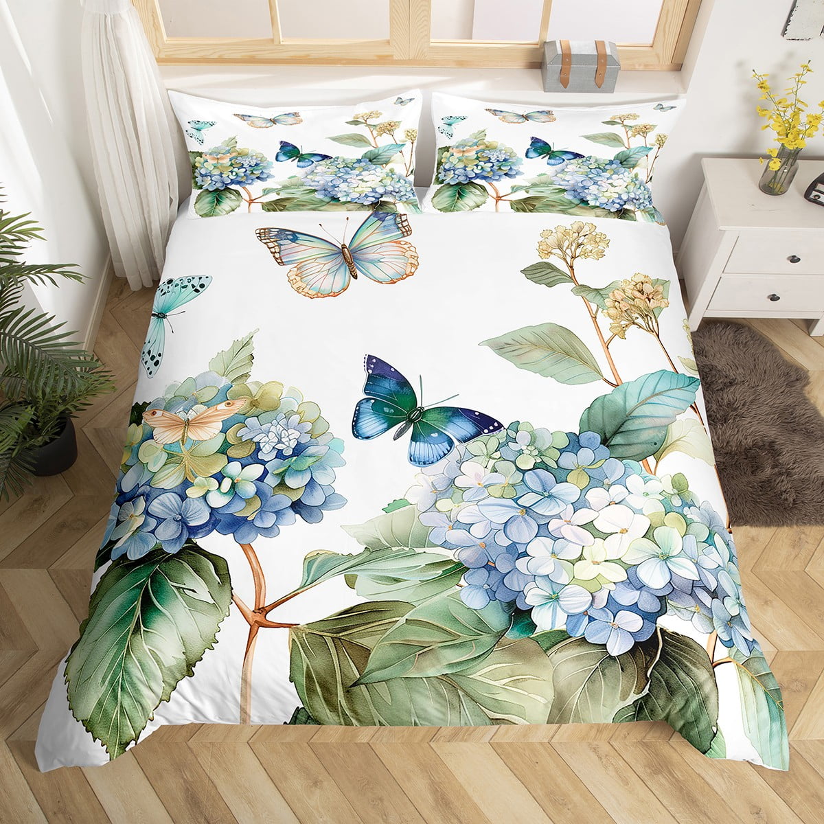 Hydrangea Blossoms Bed Set Girls Butterfly Bedding Sets King,Blue ...