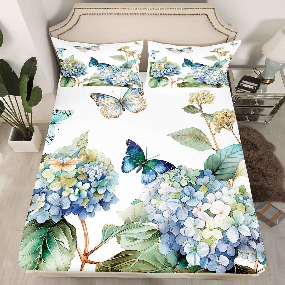 Hydrangea Blossoms Bed Sheets Butterfly Queen Fitted Sheet,Blue Floral ...