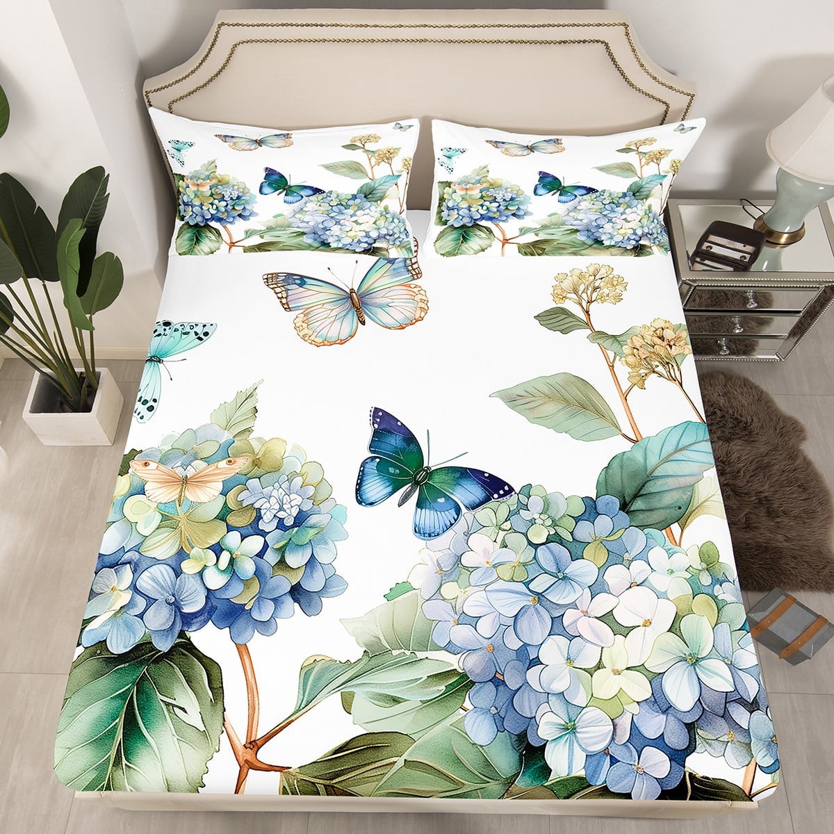 Hydrangea Blossoms Bed Sheets Girls Butterfly Twin Fitted Sheet,Blue ...