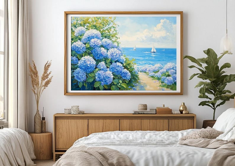 Hydrangea Breeze – Coastal Blue Flower & Sailboats Oil Painting Print ...
