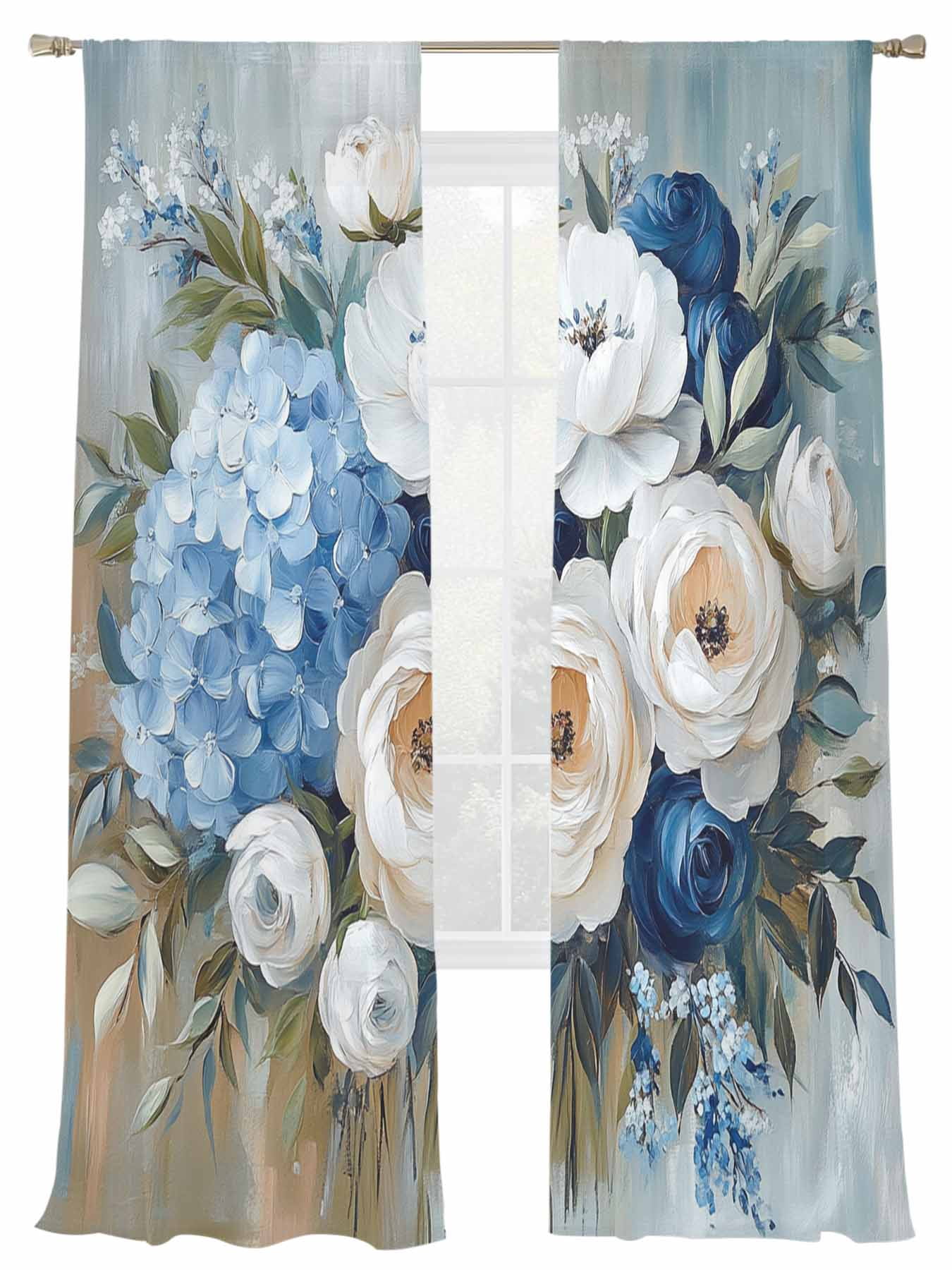 Hydrangea Camellia Sheer Curtains 2 Panels Set Spring Retro Flower ...